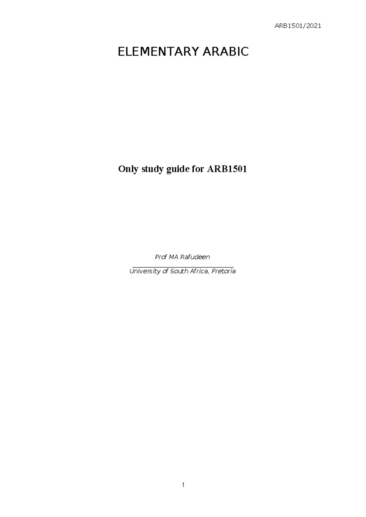 ARB 1501 Study guide - ELEMENTARY ARABIC Only study guide for ARB ...