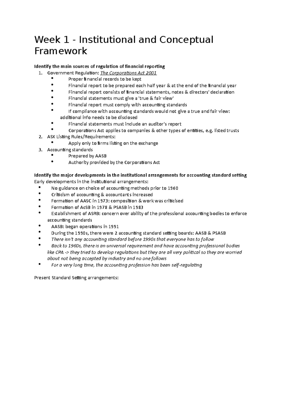 ACCT2011 Week 1 notes - Week 1 - Institutional and Conceptual Framework ...
