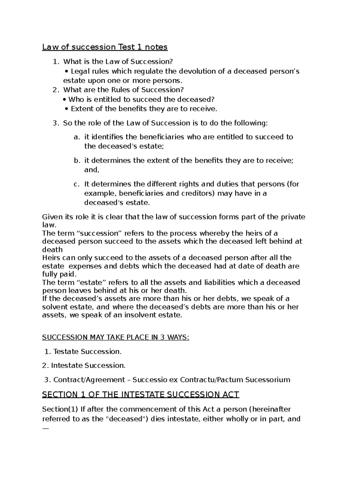 Succession Notes - Law of succession Test 1 notes What is the Law of ...