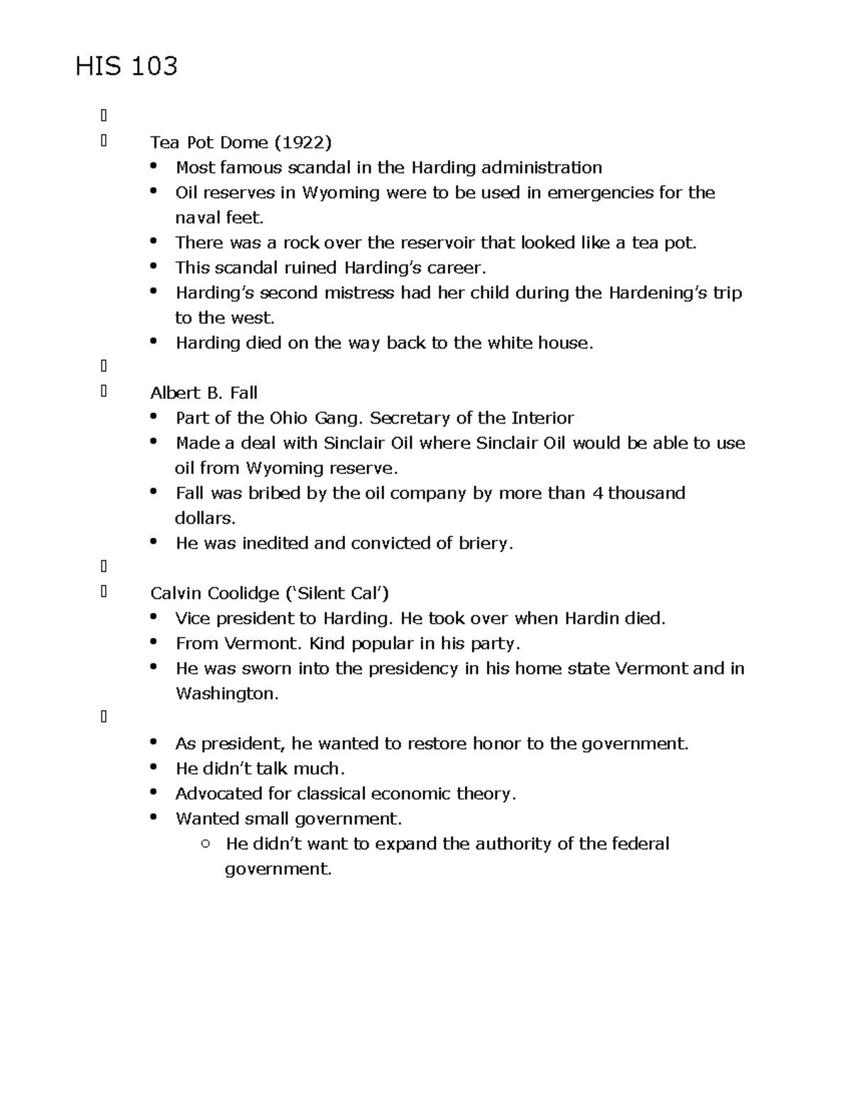 HIS 103 March 10 - History notes - HIS 103 Tea Pot Dome (1922) Most ...