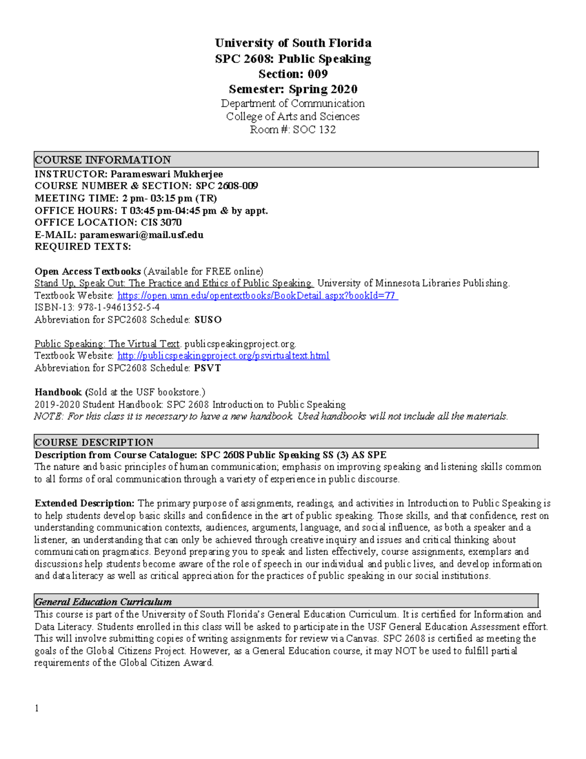 SPC2608.Syllabus.Spring 2020 (1)-1 - University of South Florida SPC ...