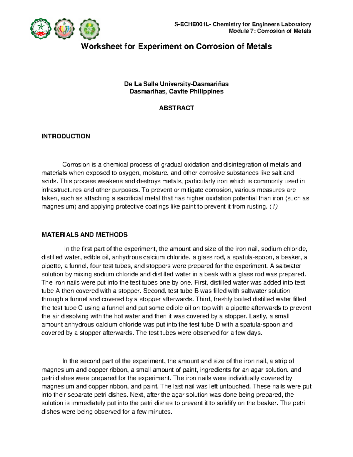 Worksheet on Corrosion of Metals(10) copy Copy - Module 7: Corrosion of ...