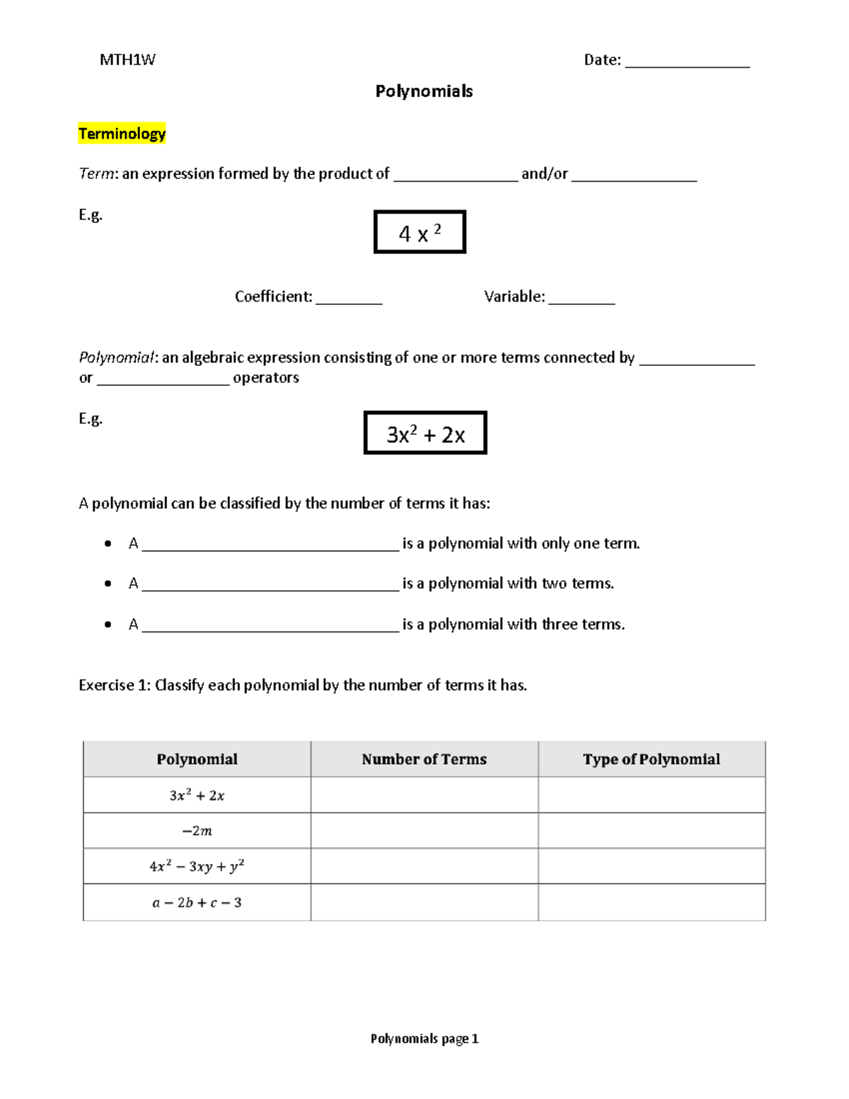 3 Polynomials Heres The Answers Polynomials Terminology Term An Expression Formed By The 