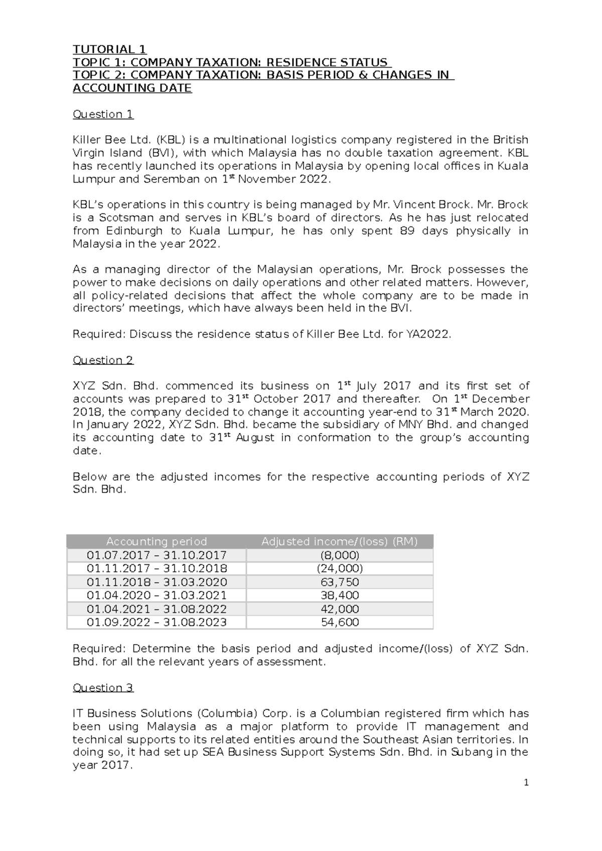Tutorial 1 - abcdef - TUTORIAL 1 TOPIC 1: COMPANY TAXATION: RESIDENCE ...