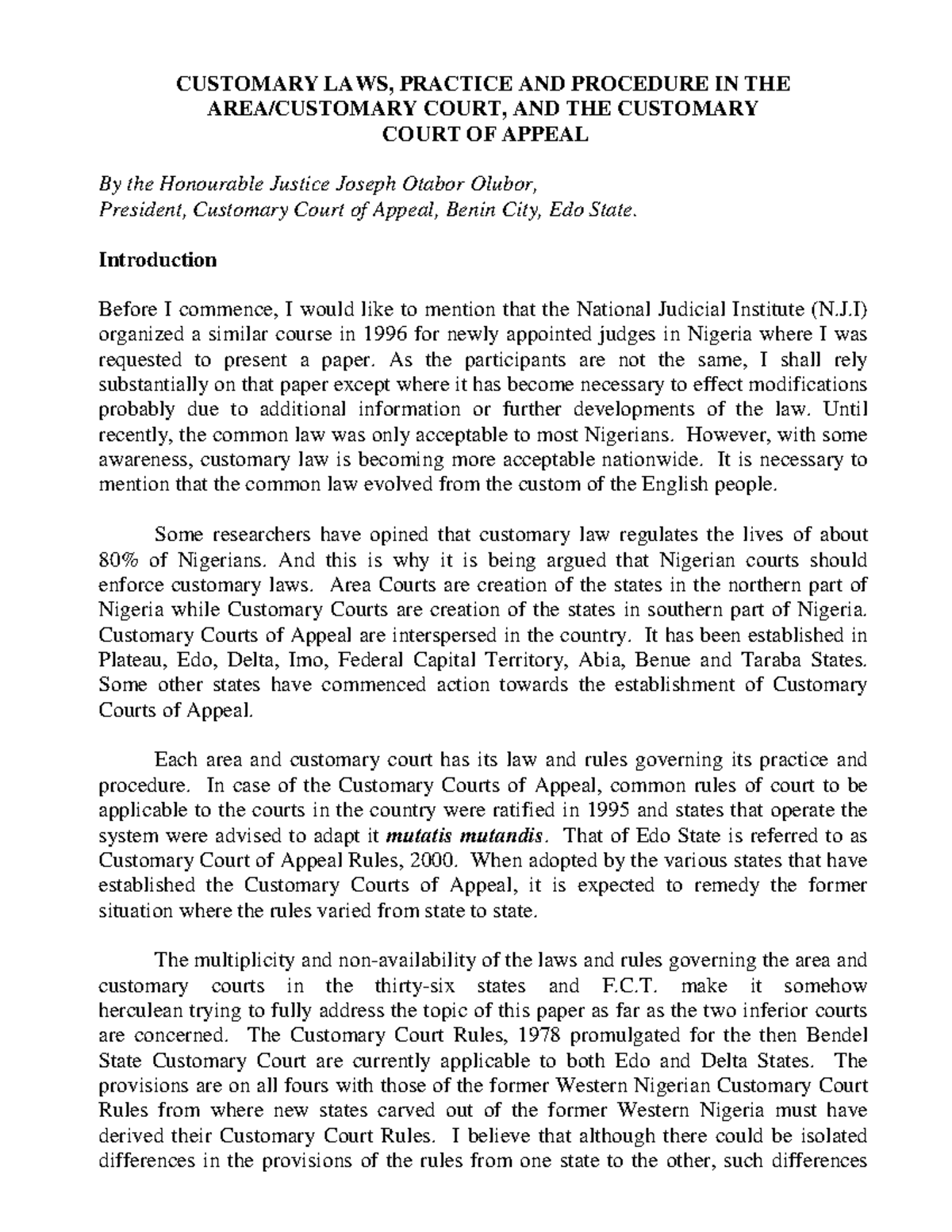 Customary LAWS, Practice AND Procedure IN THE AREA, Customary Court ...