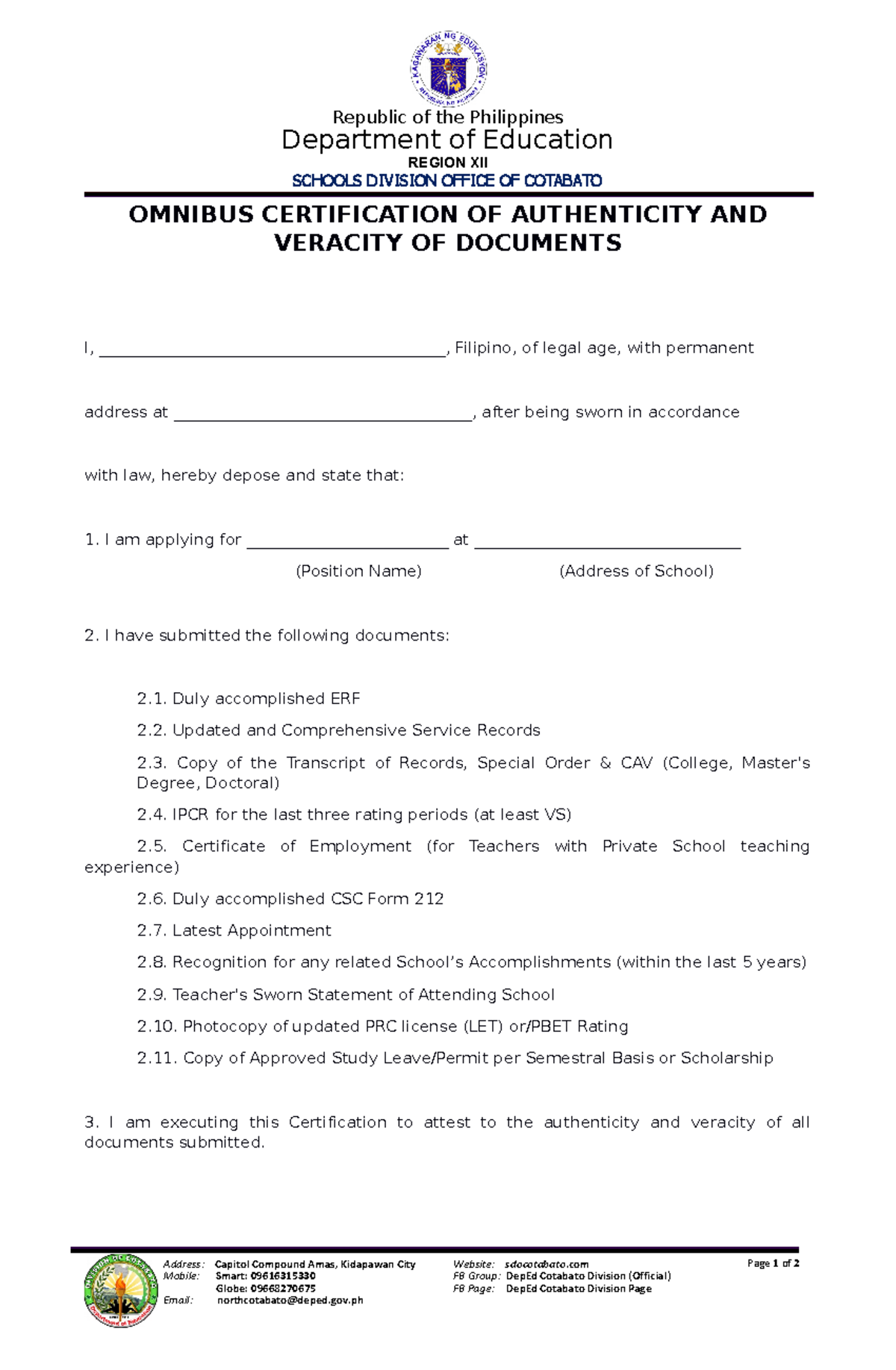 Omnibus sample for public school - Republic of the Philippines ...