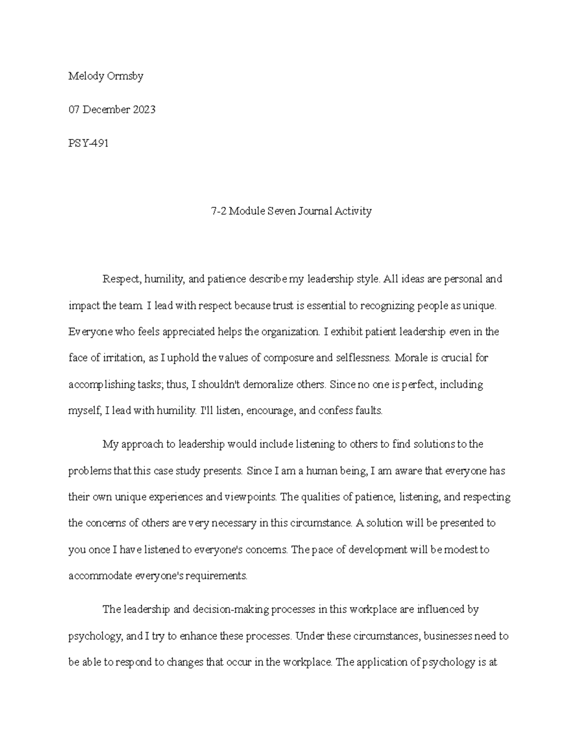7-2 Module Seven Journal Activity - Melody Ormsby 07 December 2023 PSY ...