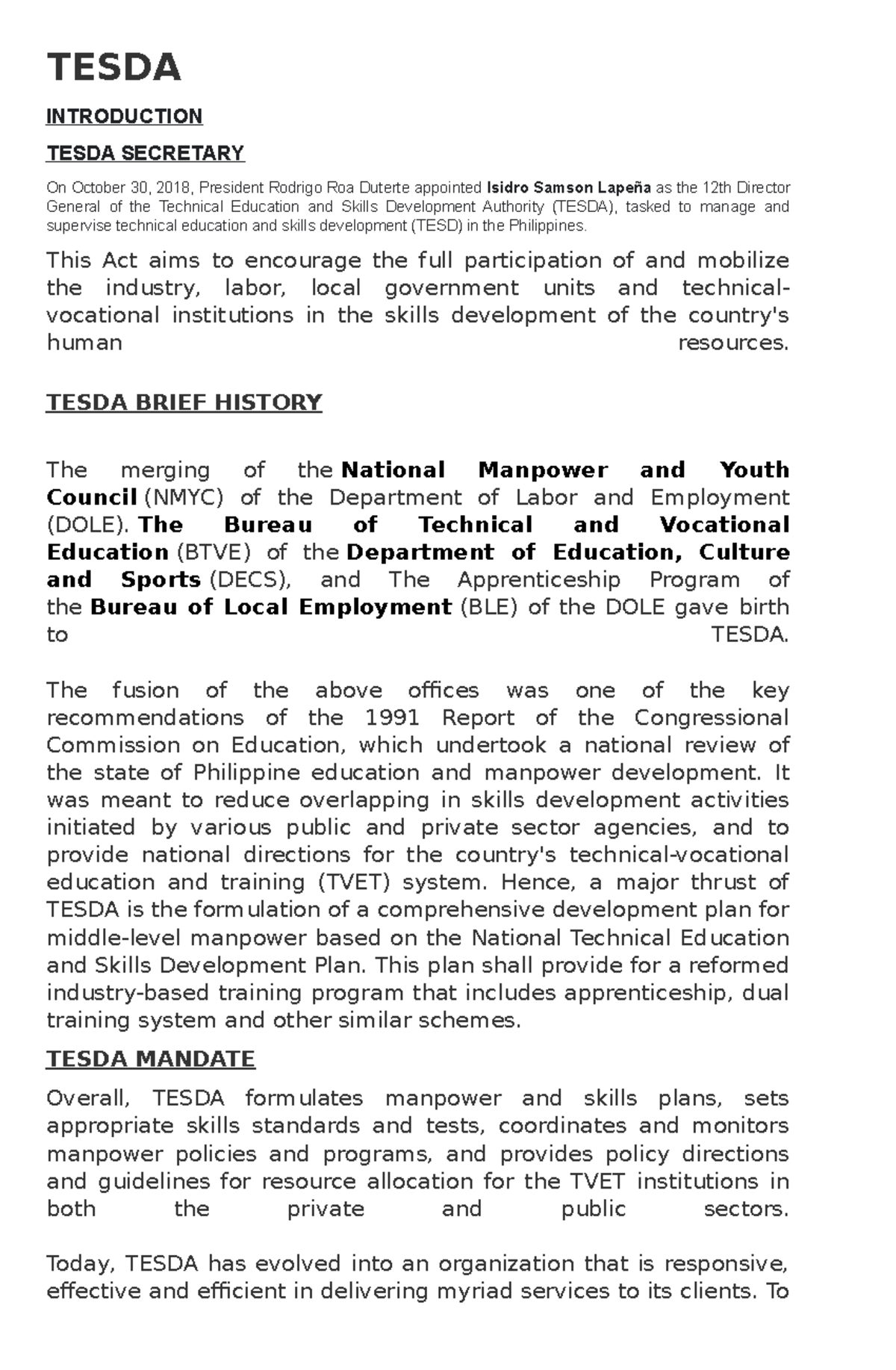 Tesda Report - essay - TESDA INTRODUCTION TESDA SECRETARY On October 30 ...
