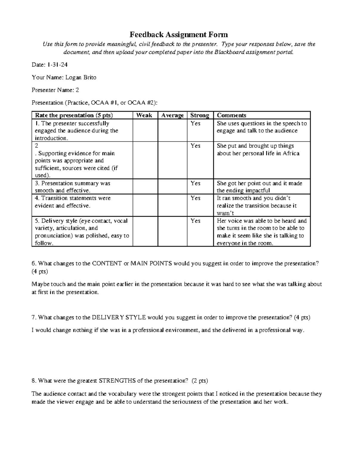 Feedback Assignment Form Practice - Feedback Assignment Form Use this ...
