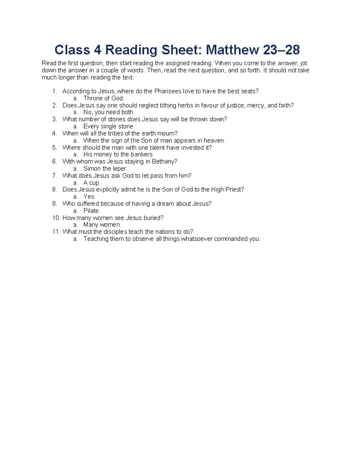 Class 4 Reading Sheet Matthew 23–28 - Class 4 Reading Sheet: Matthew 23 ...