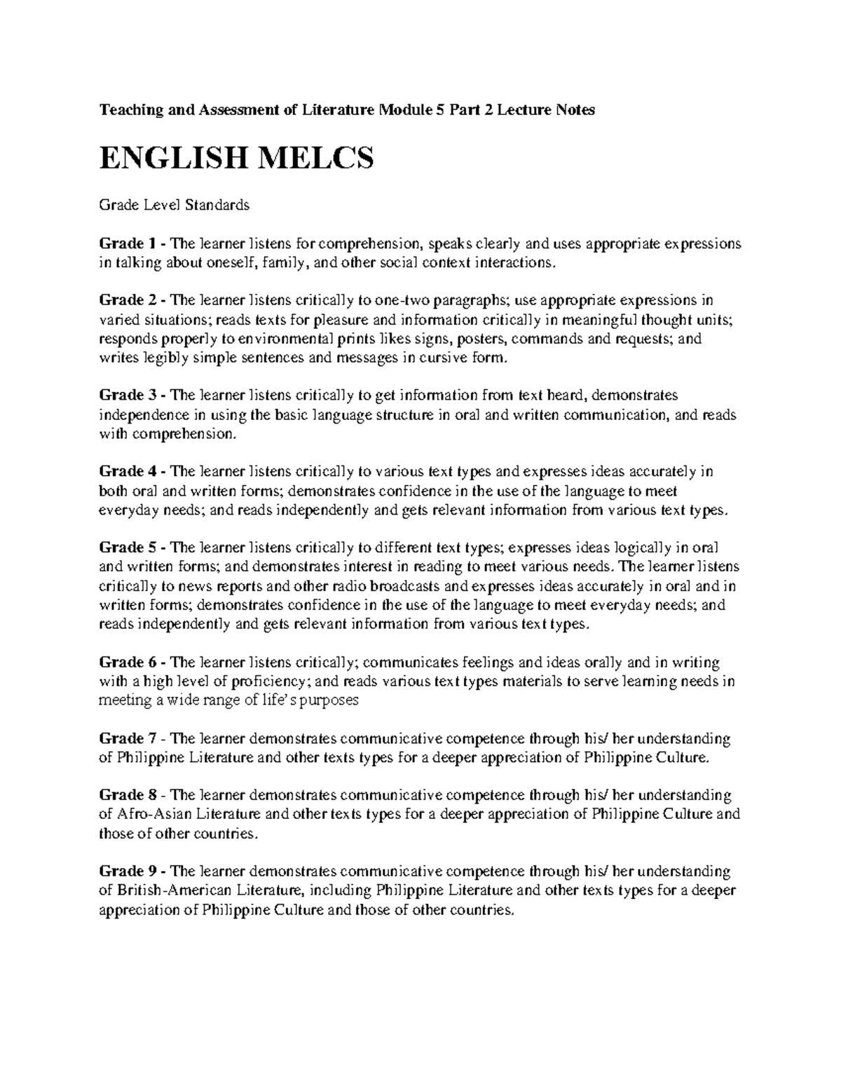 English Melcs - TEASLIT Module 5 Lecture Notes - Teaching and ...