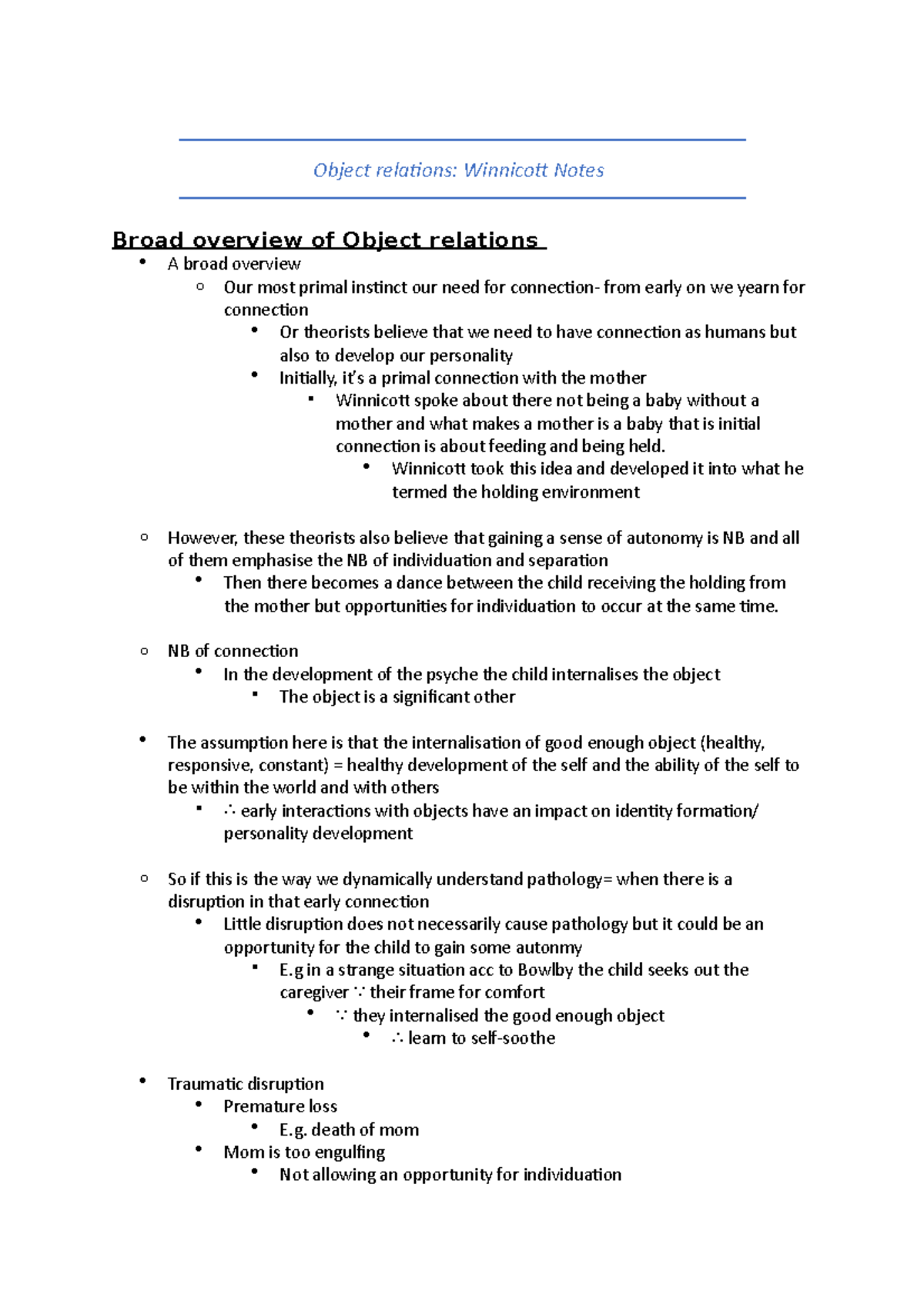 Object Relations: Winnicott Summary (Psychodynamic) - Object relations ...