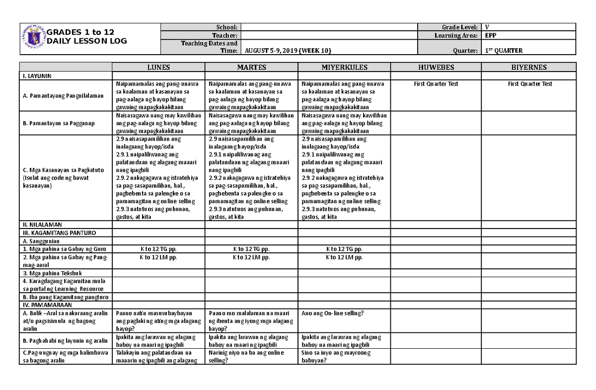 DLL EPP 5 Q1 W10 - EDUCATION - GRADES 1 to 12 DAILY LESSON LOG School ...