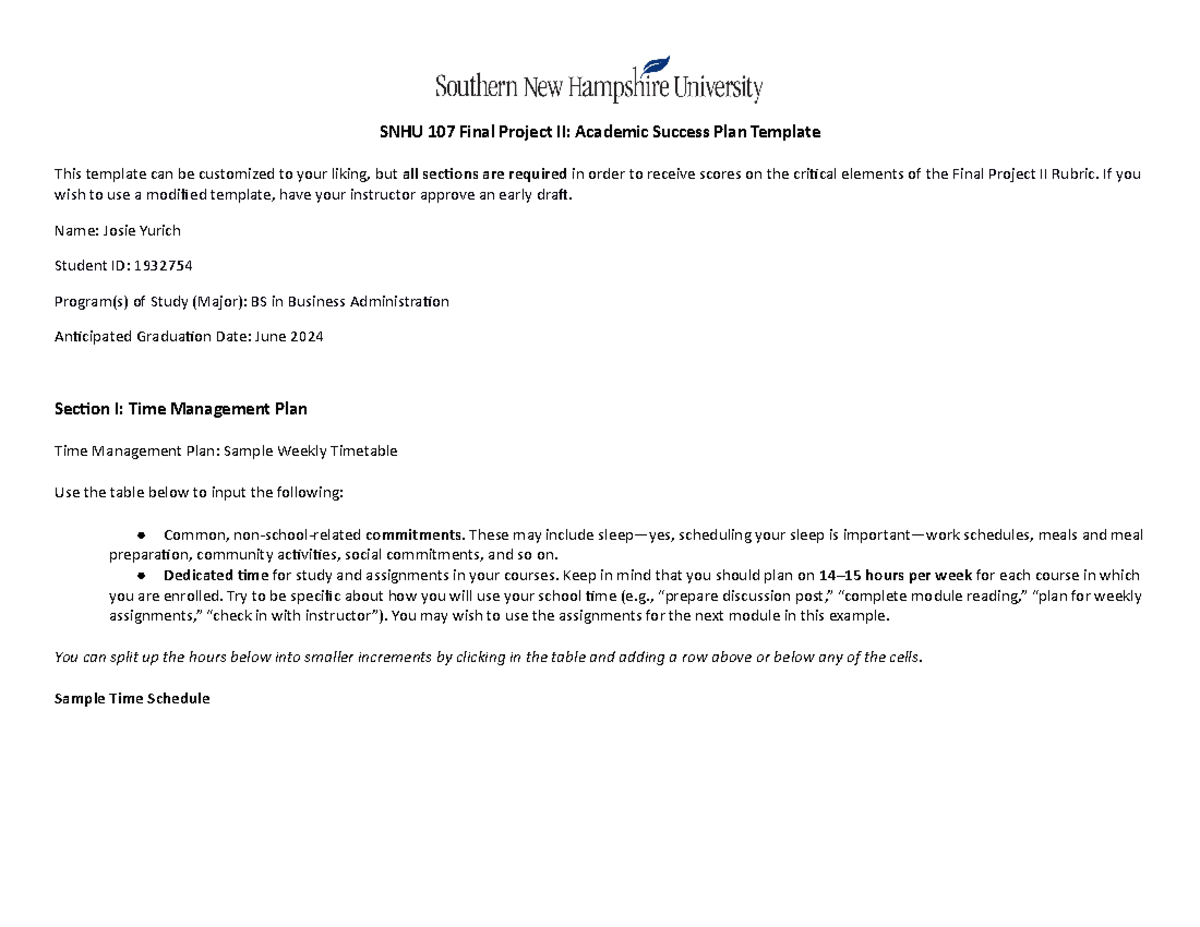 SNHU 107 Final Project II Academic Success Plan - If you wish to use a ...