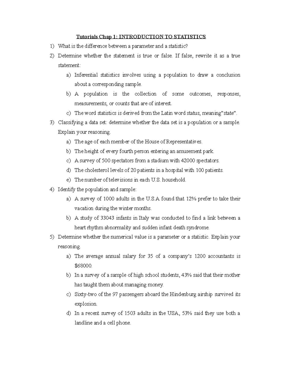 Chap 1 Intro to statistics Tutorials - Tutorials Chap 1: INTRODUCTION TO STATISTICS What is the ...