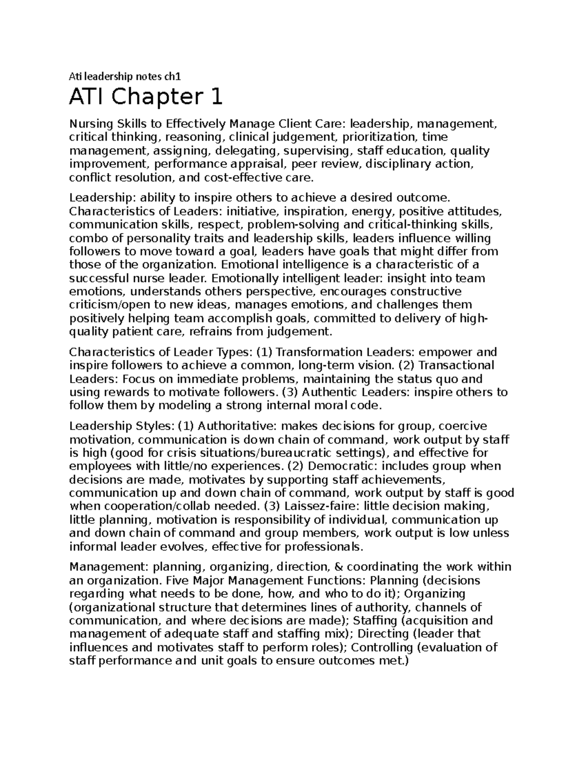 Ati leadership notes ch 1 - Ati leadership notes ch ATI Chapter 1 ...