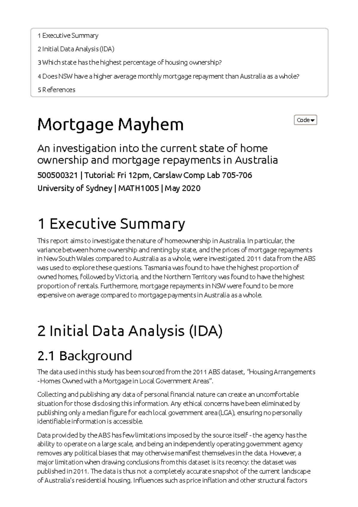MATH1005 Project 2 - 2 Initial Data Analysis (IDA) 3 Which state has the highest percentage of ...