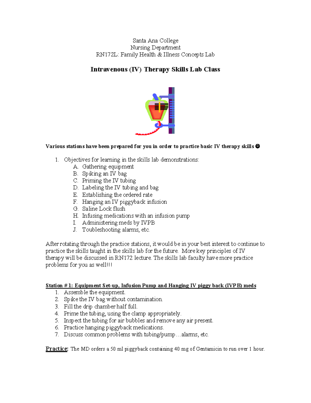 RN 172L IV Skills Lab Handout-1 - Santa Ana College Nursing Department ...