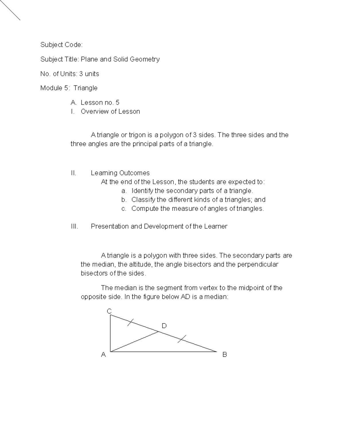Plane and Solid Geometry Mid-Term Module 5 - Subject Code: Subject ...