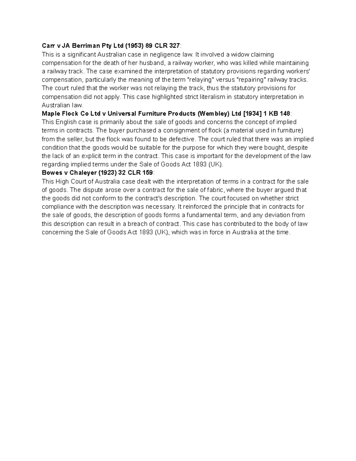 Contract case summaries wk8 - Carr v JA Berriman Pty Ltd (1953) 89 CLR ...