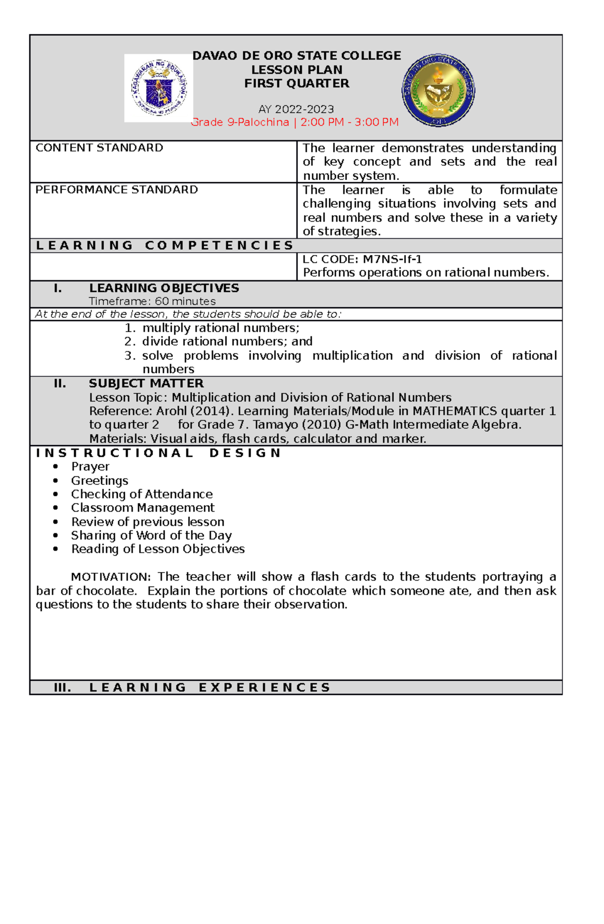 Sample 4As Lesson Plan English 1 - DAVAO DE ORO STATE COLLEGE LESSON ...