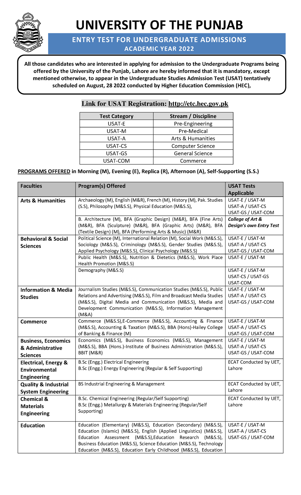 Entry-Test-Admission-Notice - UNIVERSITY OF THE PUNJAB ENTRY TEST FOR ...