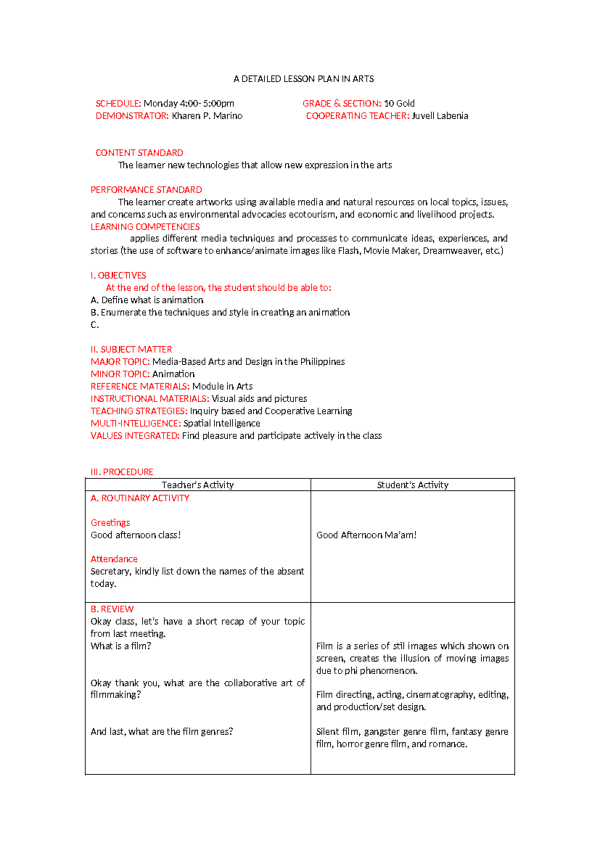 A Detailed Lesson PLAN IN ARTS Grade 10 - A DETAILED LESSON PLAN IN ...