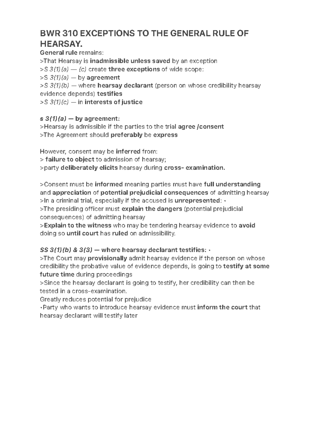 BWR 310 Exceptions TO THE General RULE OF Hearsay - BWR 310 EXCEPTIONS TO THE GENERAL RULE OF ...