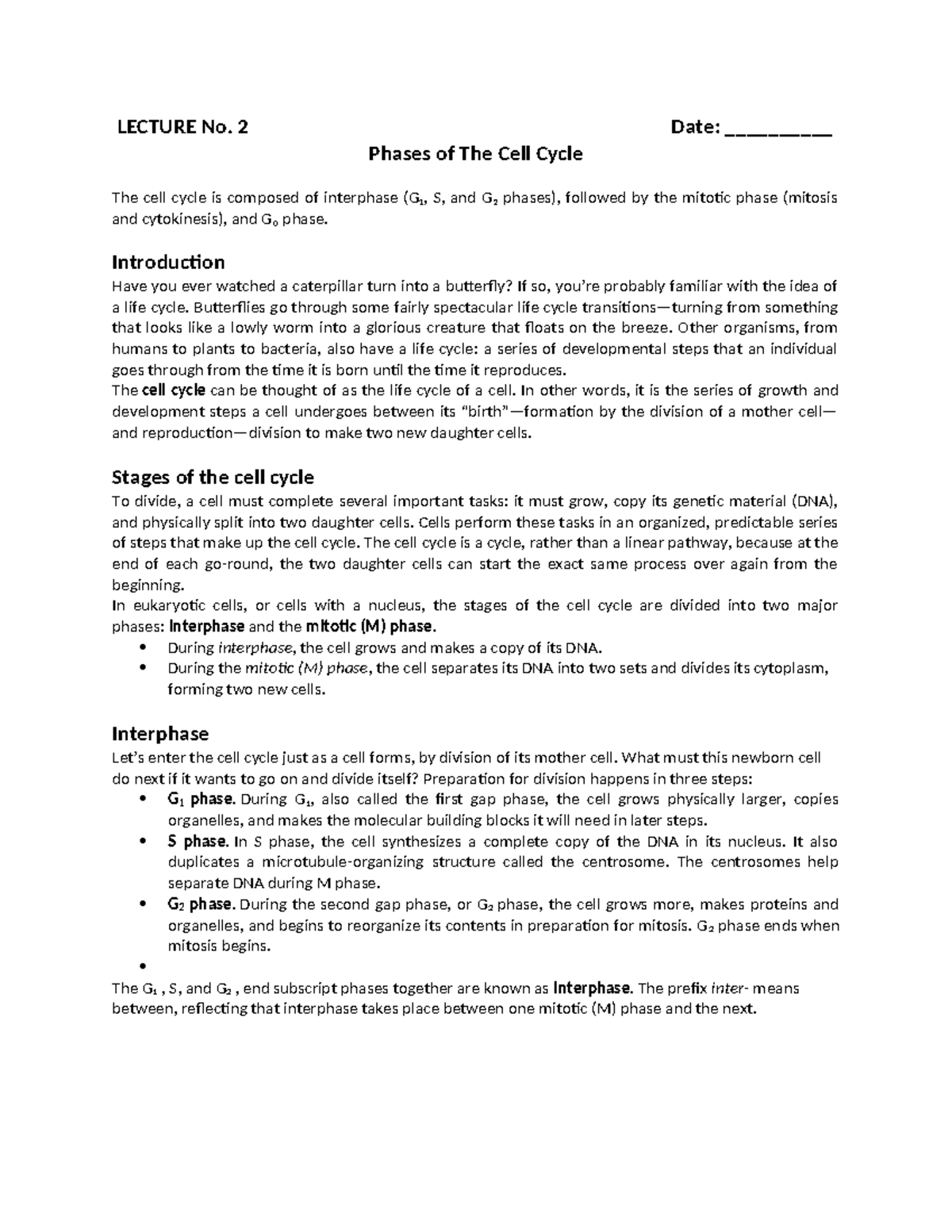 Lecture 2 phases of the cell - LECTURE No. 2 Date: __________ Phases of ...