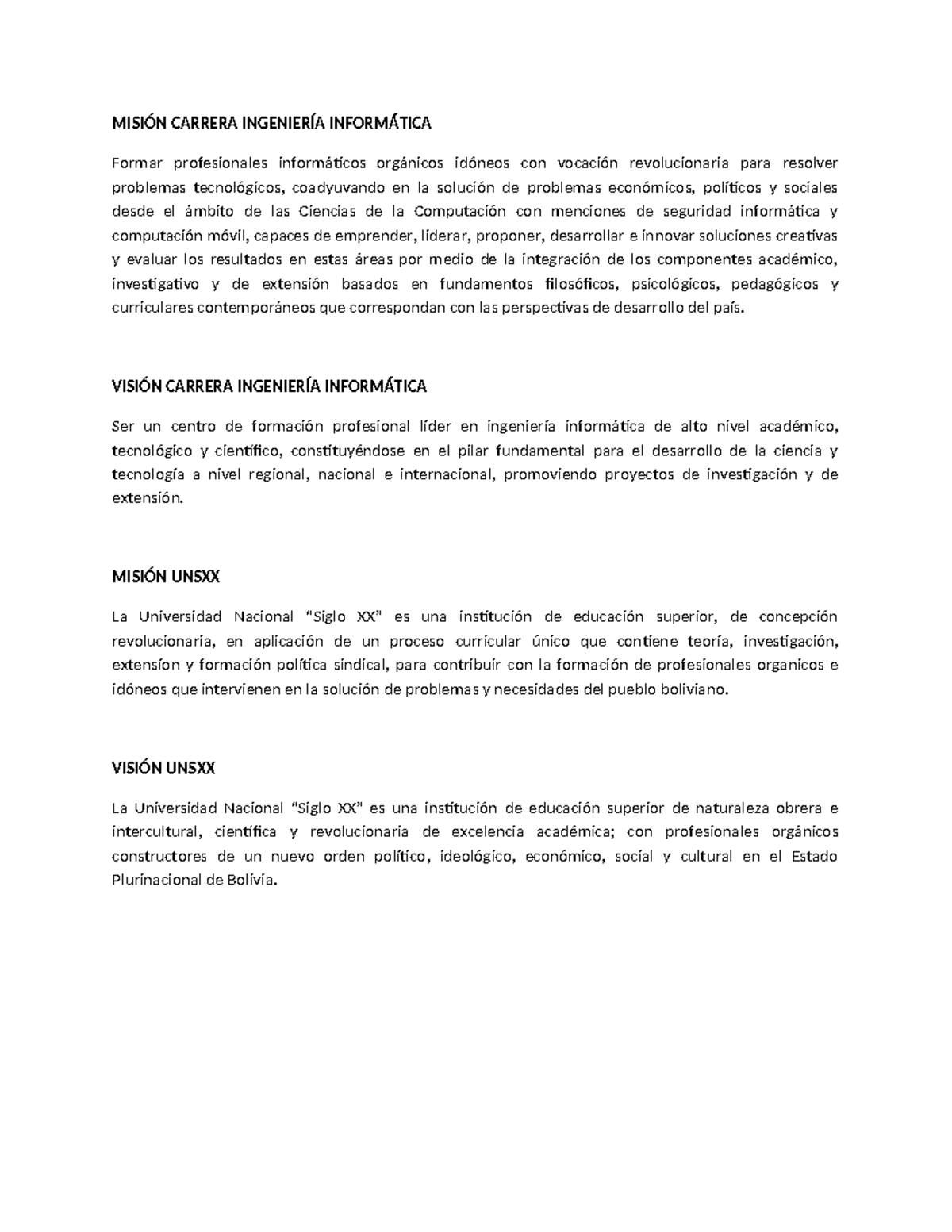 Misión y Visión de la Carrera de Informática y UNSXX - MISIÓN CARRERA ...