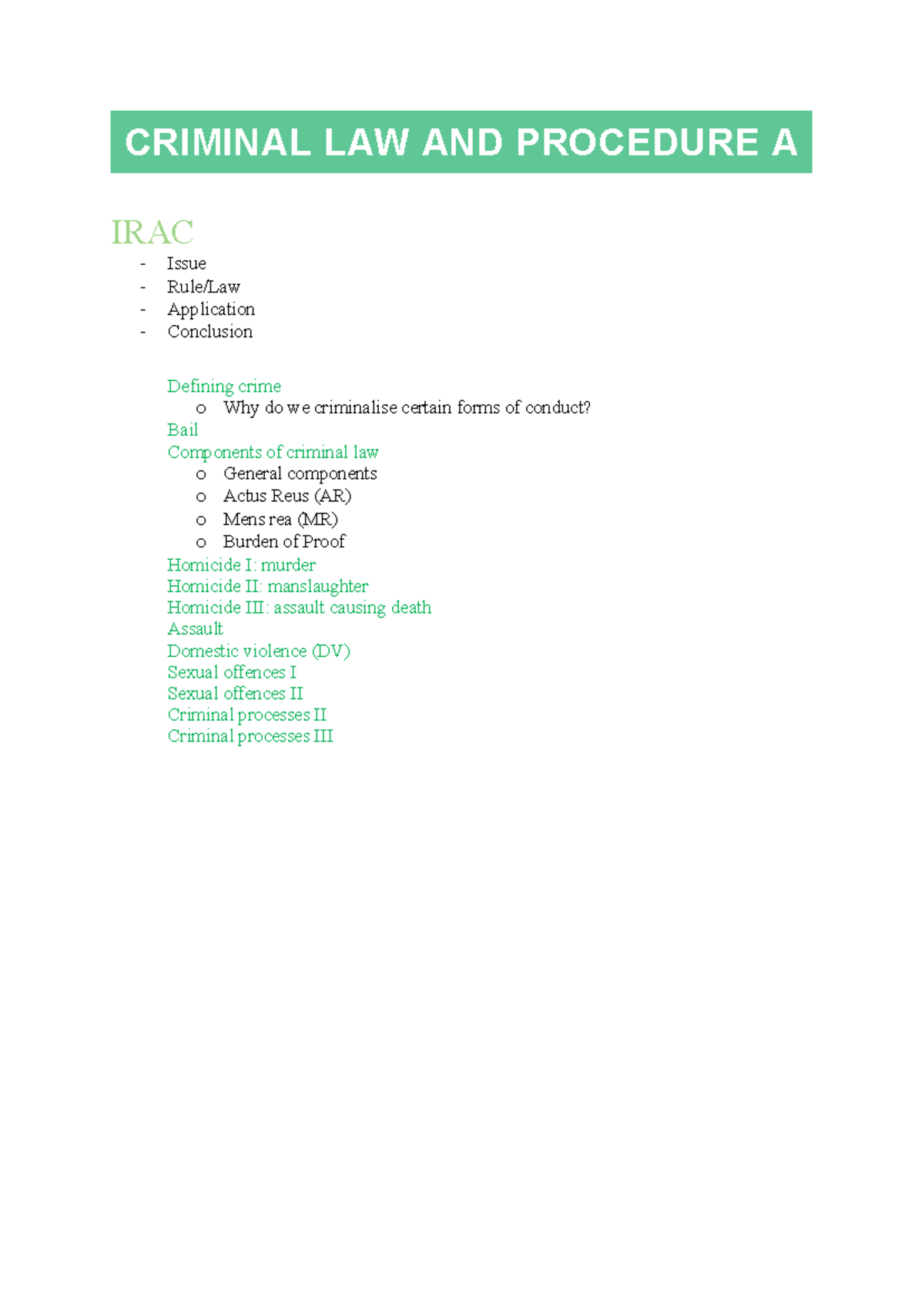Criminal LAW AND Procedure A notes - CRIMINAL LAW AND PROCEDURE A IRAC ...