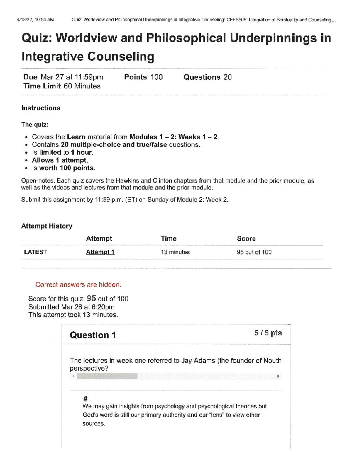 Worldview & philosophical underpinning in integrative counseling quiz ...