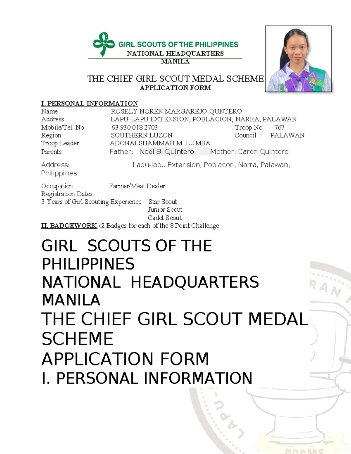 1FORM - CGSMS - NATIONAL HEADQUARTERS MANILA THE CHIEF GIRL SCOUT MEDAL ...