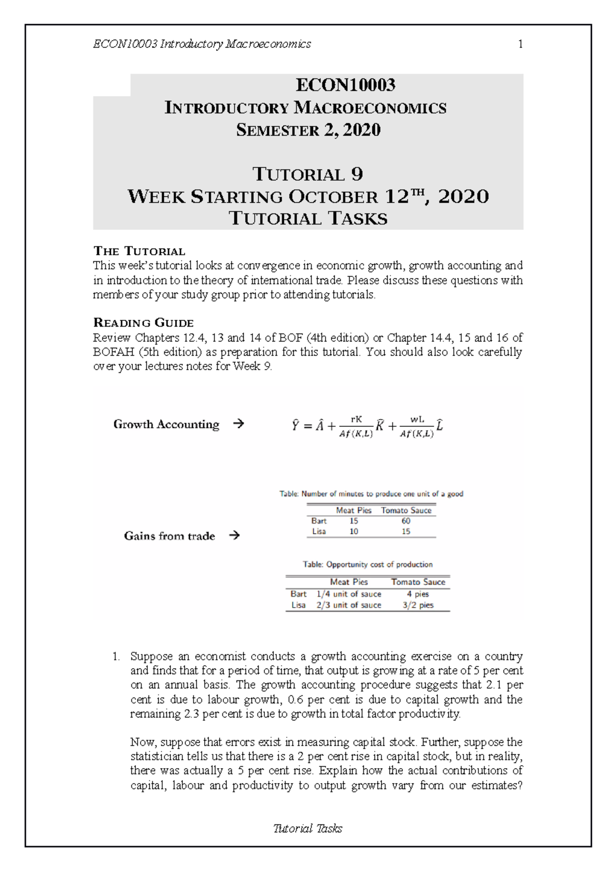 T9 Intutorial 2020 Intro Macro Tutorial 9 Sheet Econ Introductory