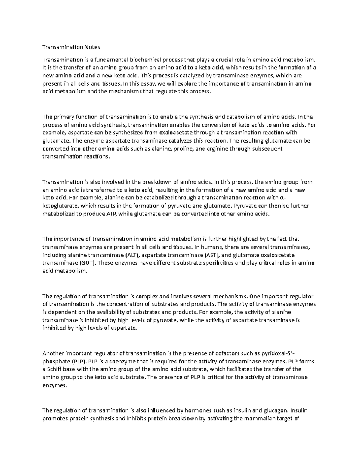 Transamination Notes - Transamination Notes Transamination is a ...