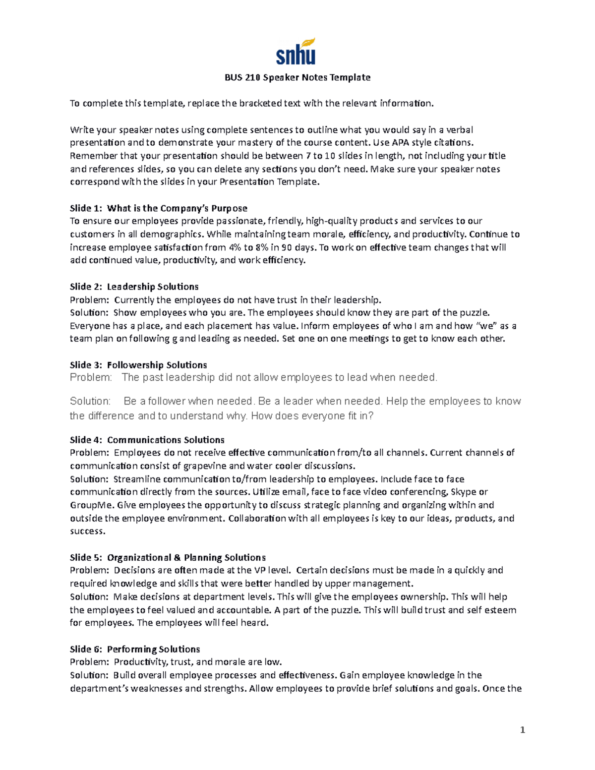 BUS 210 Speaker Notes Project 1 - BUS 210 Speaker Notes Template To ...