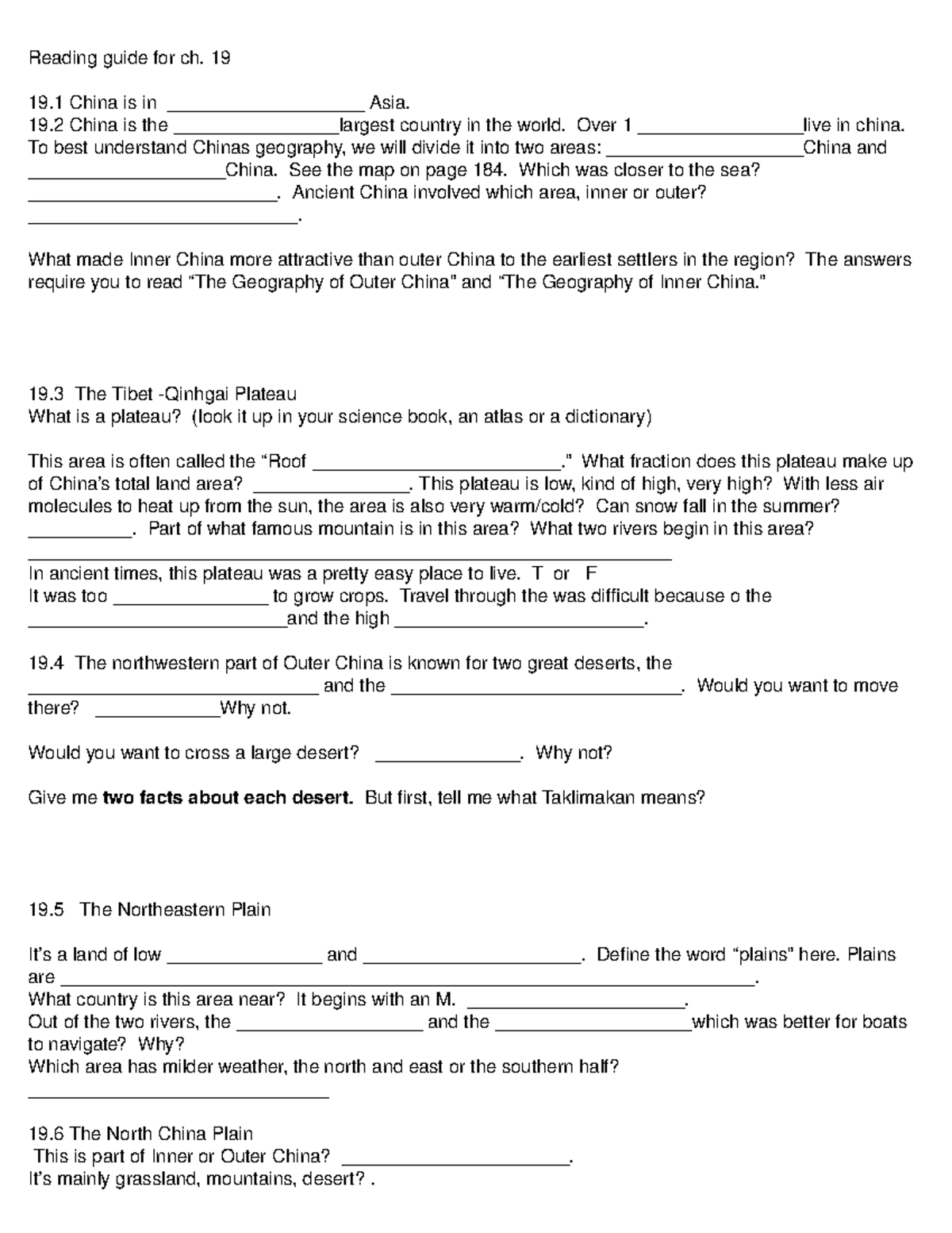 Ch. 19 china geography reading guide - Reading guide for ch. 19 19 ...