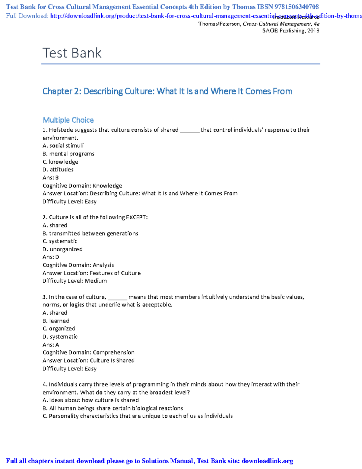 Test, questions and answers - Test Bank for Cross Cultural Management ...