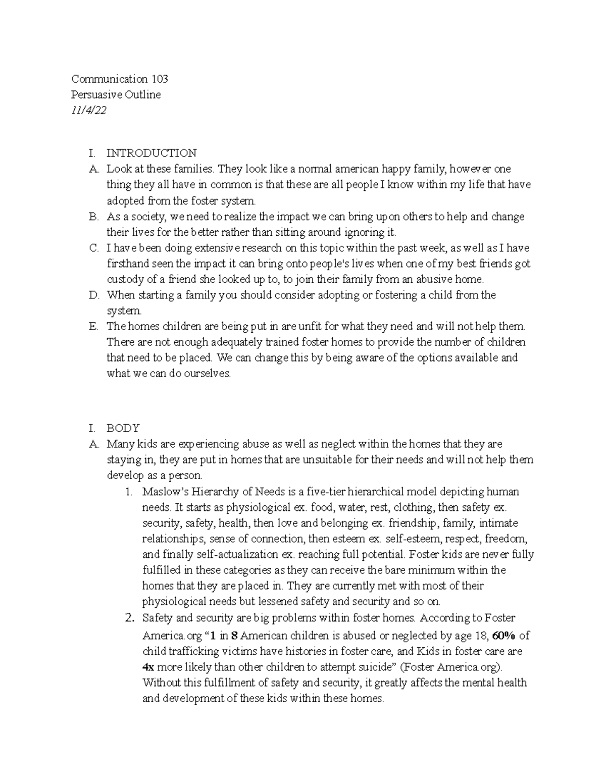 COMM persuasive speech - Communication 103 Persuasive Outline 11/4/ I ...