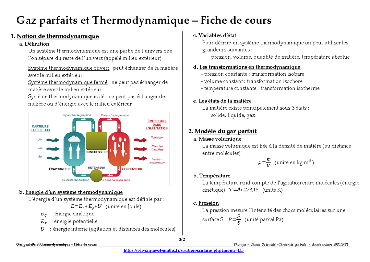 Gaz parfaits & thermodynamique fiche cours - Gaz parfaits et ...