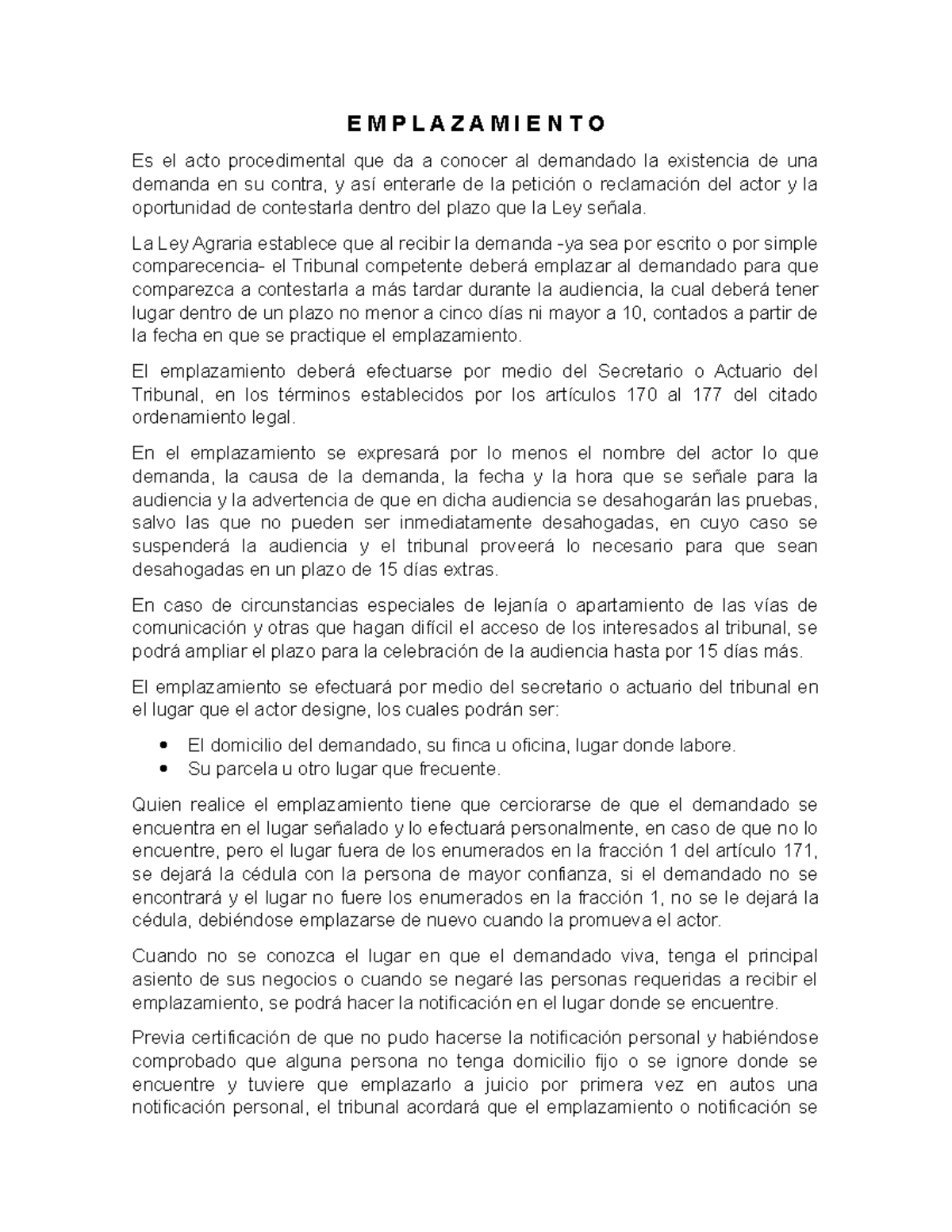 E M P L A Z A M I E N T O - Apuntes 1 - EMPLAZAMIENTO Es el acto ...