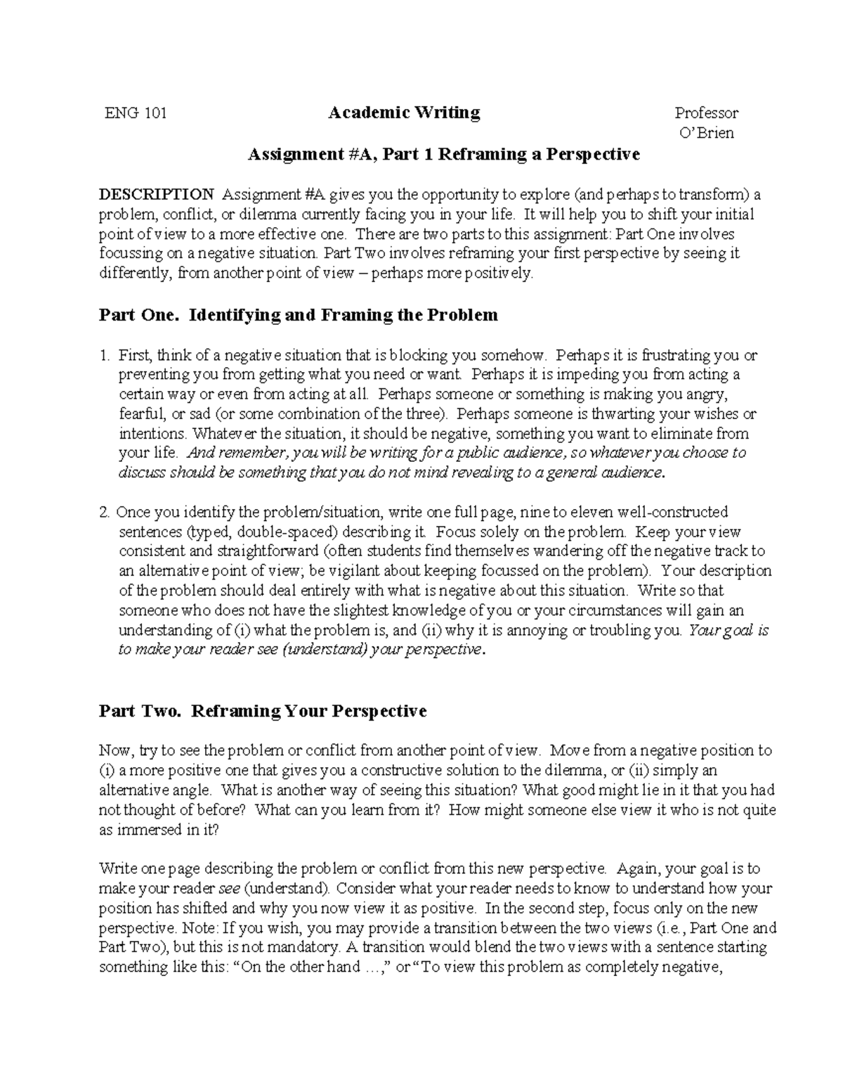 Reframing a Perspective Assignment A - ENGL1 - UPEI - Studocu