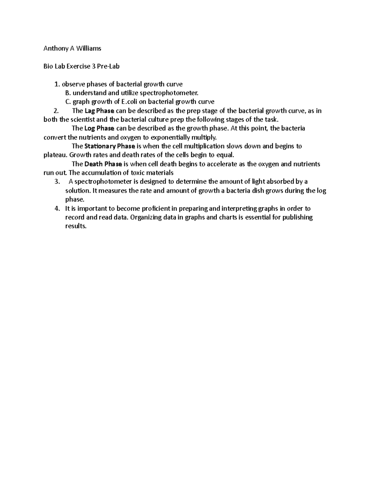 Bio 1 Exercise 3 pre-lab - Anthony A Williams Bio Lab Exercise 3 Pre ...