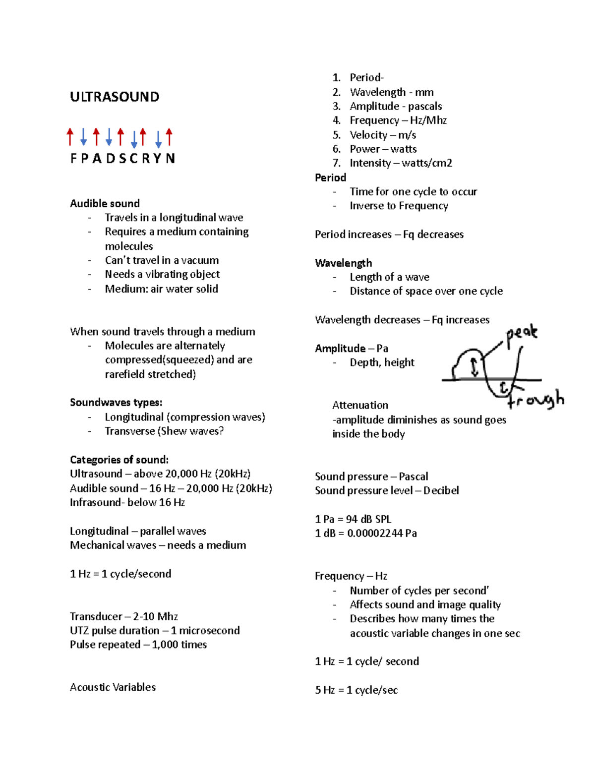 Ultrasound Notes - ULTRASOUND F P A D S C R Y N Audible sound - Travels ...