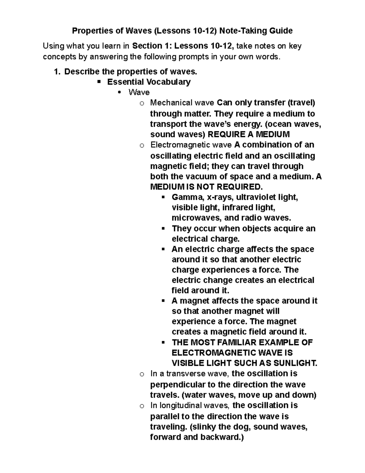 Lesson 10-12 - Describe the properties of waves. Essential Vocabulary ...
