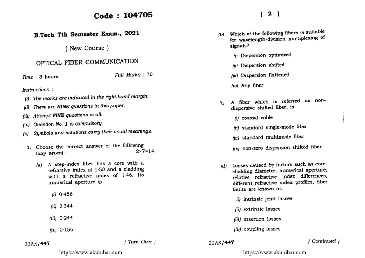 Btech 7 sem optical fiber communication 104705 2021 - Electronics and ...