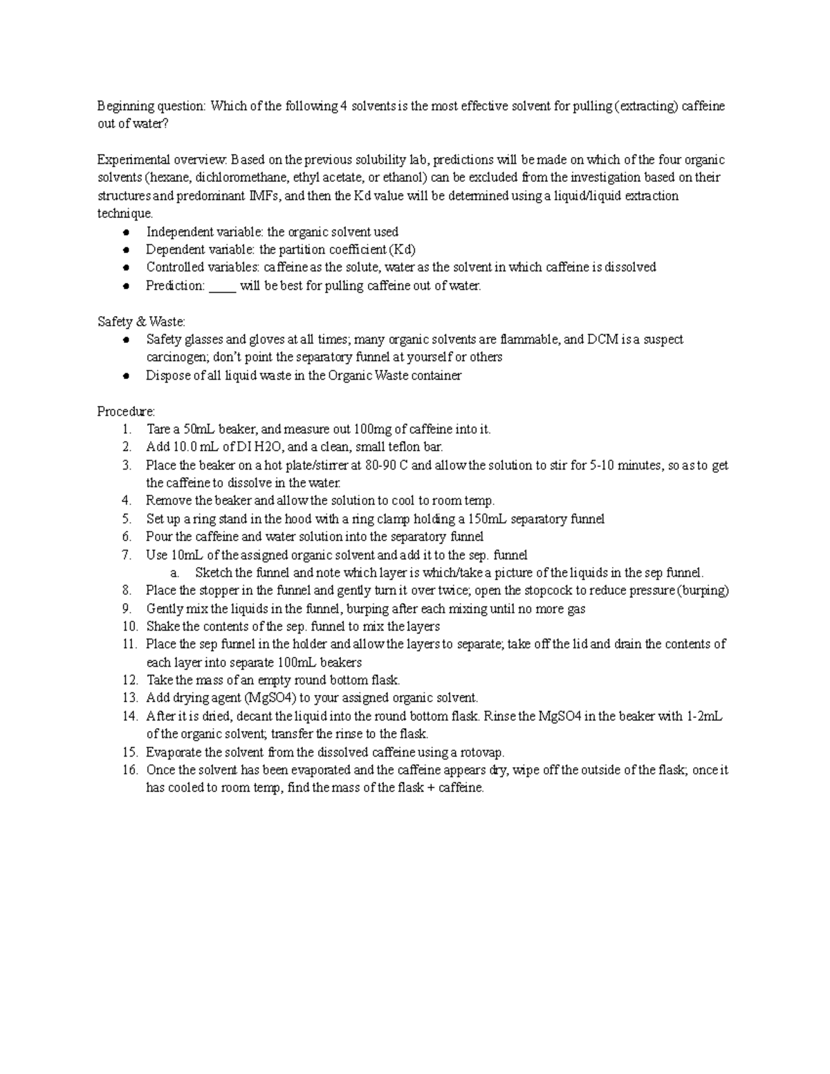 CHEM 202 Lab 6 Prep - Procedure for lab 6 - Beginning question: Which ...