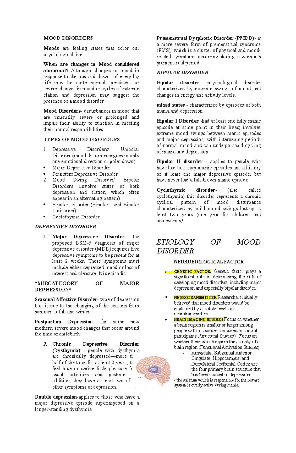 Mood-Disorder-handout - ####### MOOD DISORDERS Moods are feeling states ...