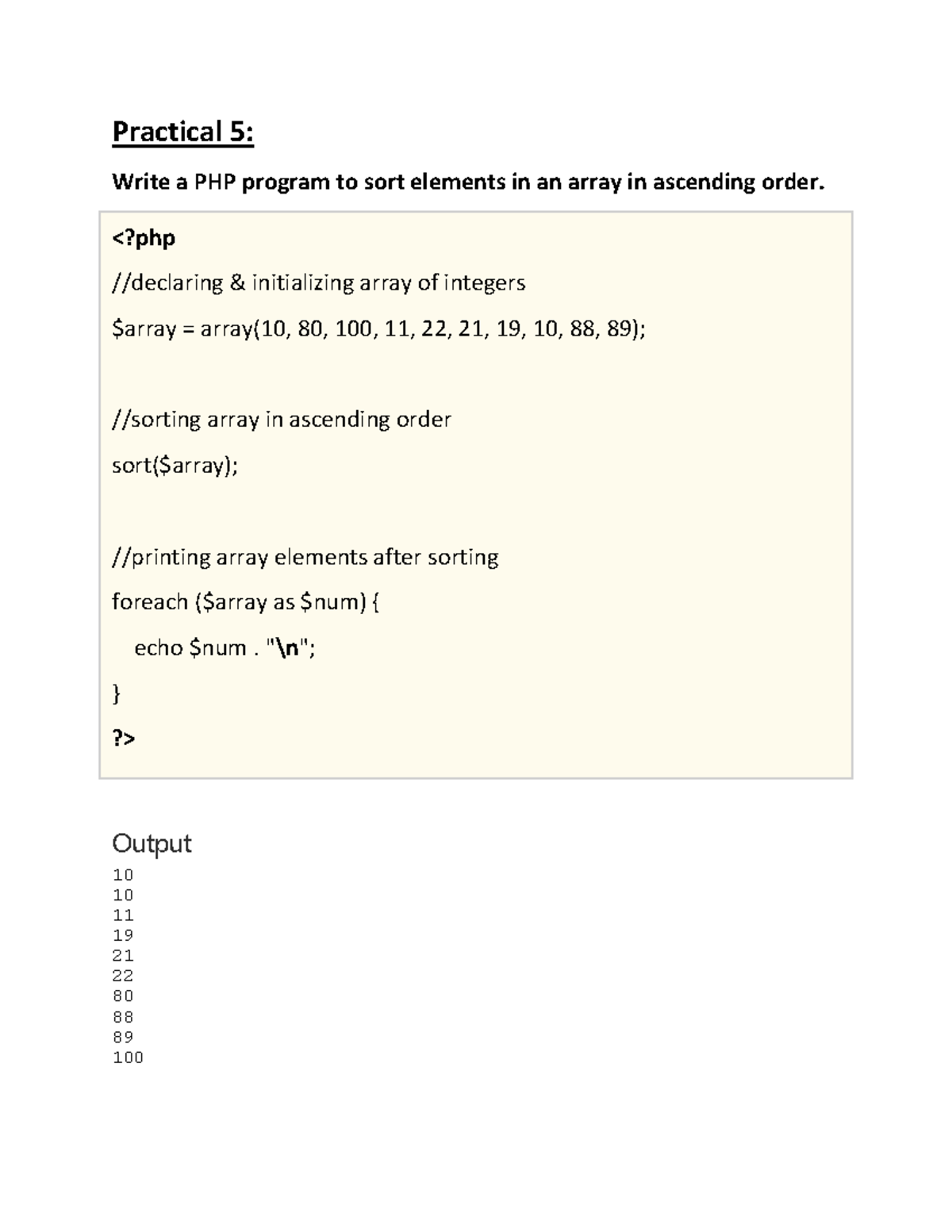 Practical 5 - Bachelors of Computer Applications - Practical 5: Write a PHP program to sort ...