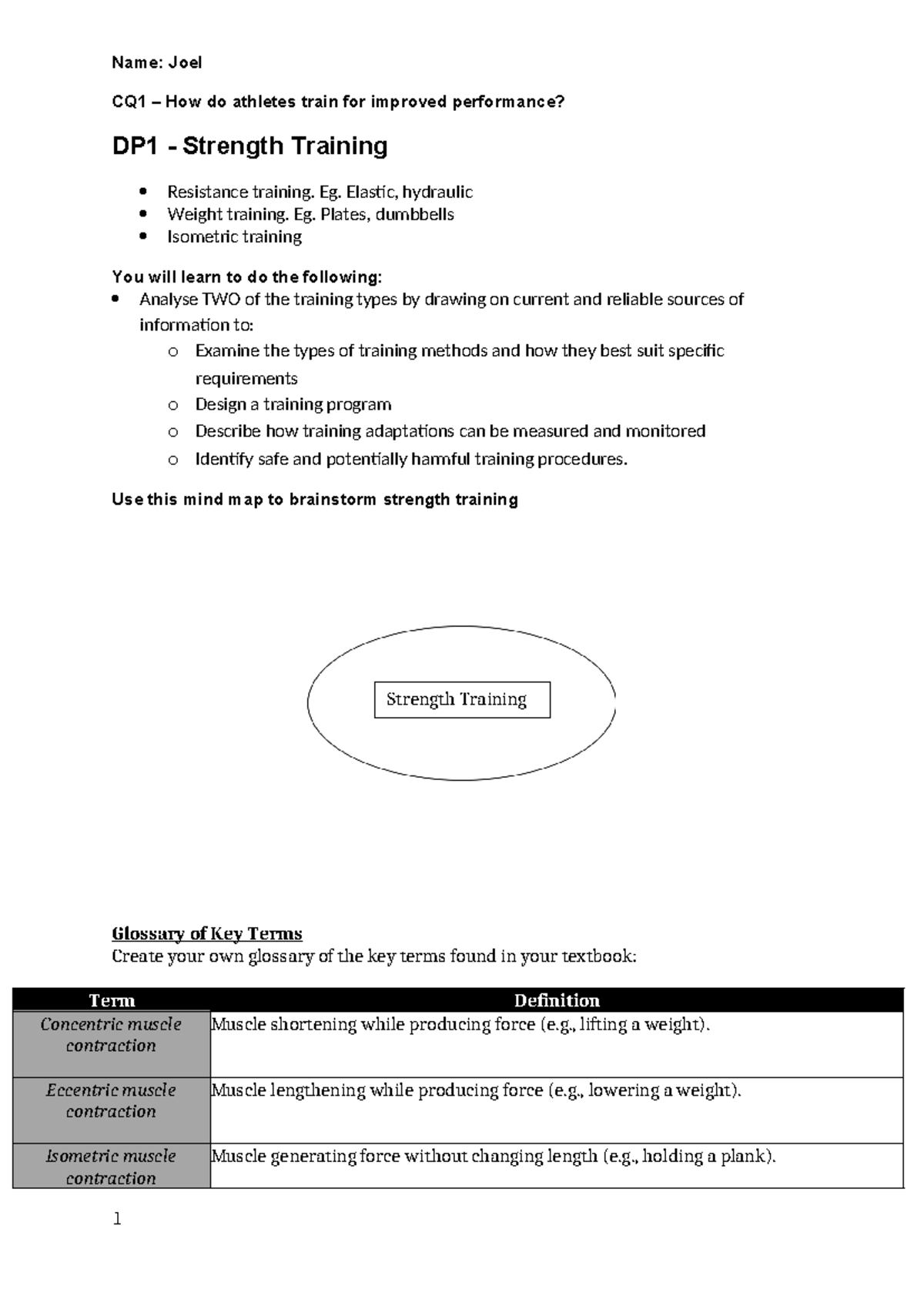 DP1 - Strength Training Worksheet - Name: Joel CQ1 – How do athletes ...